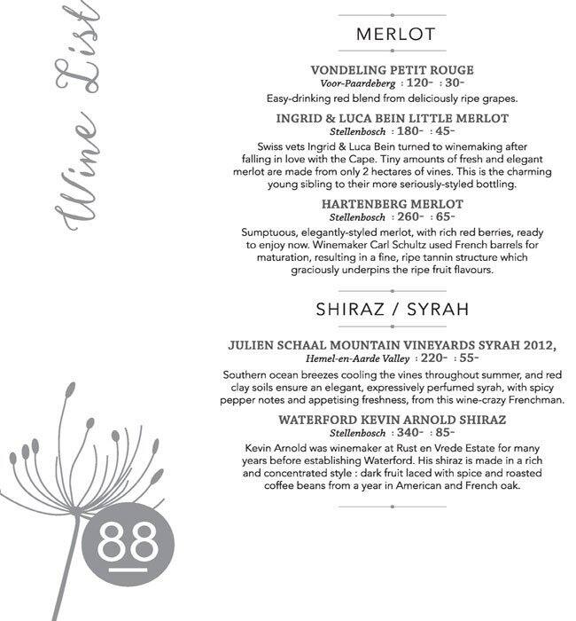 Menu at Eighty-Ate Restaurant, Cape Town