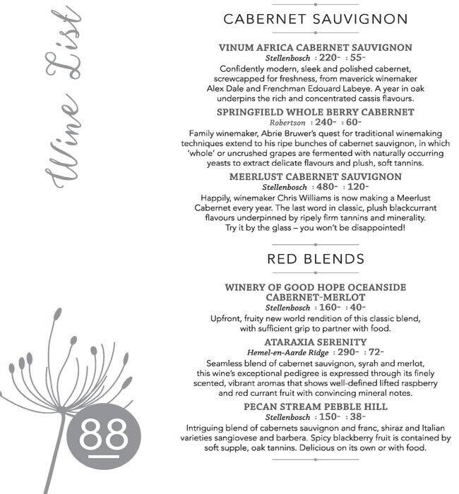 Menu at Eighty-Ate Restaurant, Cape Town