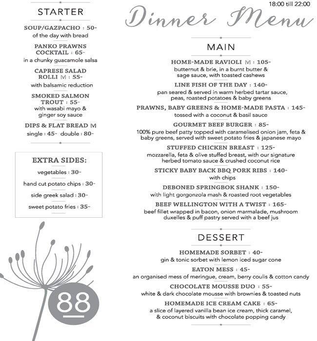 Menu at Eighty-Ate Restaurant, Cape Town