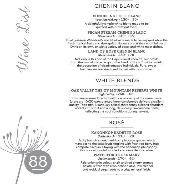 Menu at Eighty-Ate Restaurant, Cape Town