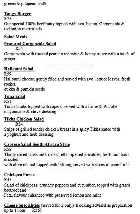 Menu at Cheese Cafe, Johannesburg, Seventh Street