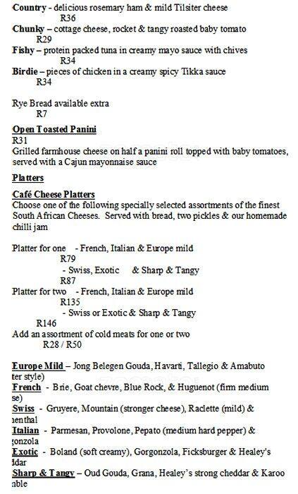 Menu at Cheese Cafe, Johannesburg, Seventh Street