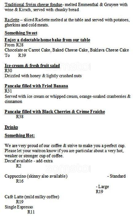 Menu at Cheese Cafe, Johannesburg, Seventh Street