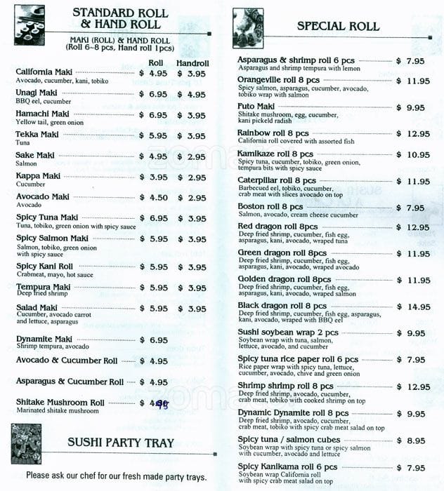 Menu at Nari Sushi restaurant, Toronto