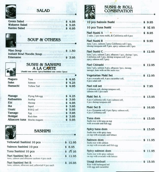 Menu at Nari Sushi restaurant, Toronto