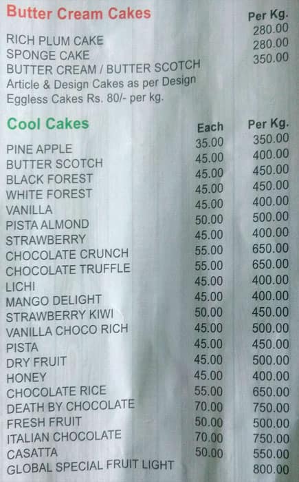 Menu at Global Bakery, Hyderabad