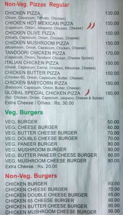 Menu at Global Bakery, Hyderabad