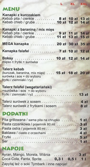 Menu at Kebab Masha restaurant, Warsaw, Górczewska 231