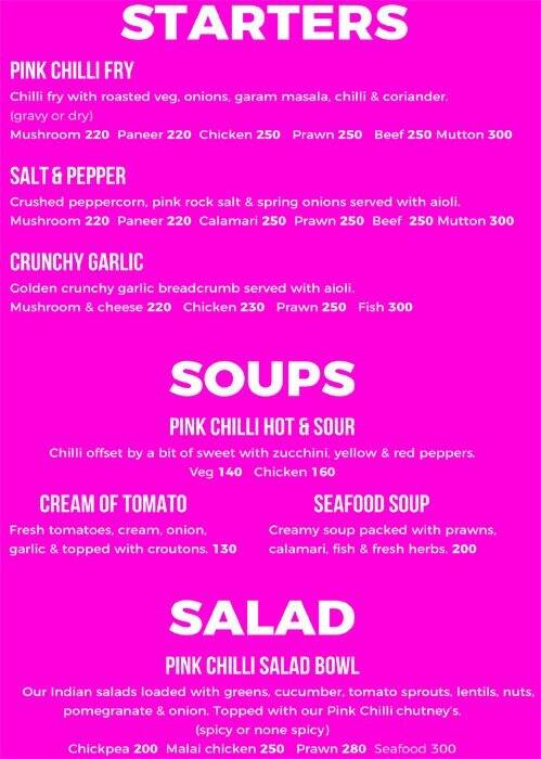 Menu at Pink Chilli, Arpora, Calangute-Anjuna Road
