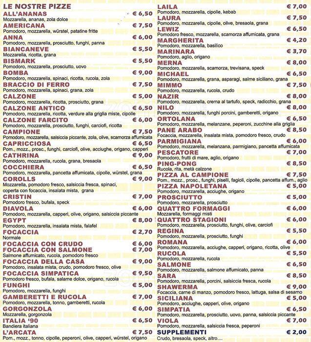 Menu at Arcata 2 pizzeria, Milan
