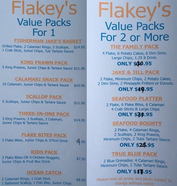 Carta de comida rápida Flakey Jake's, Doncaster East