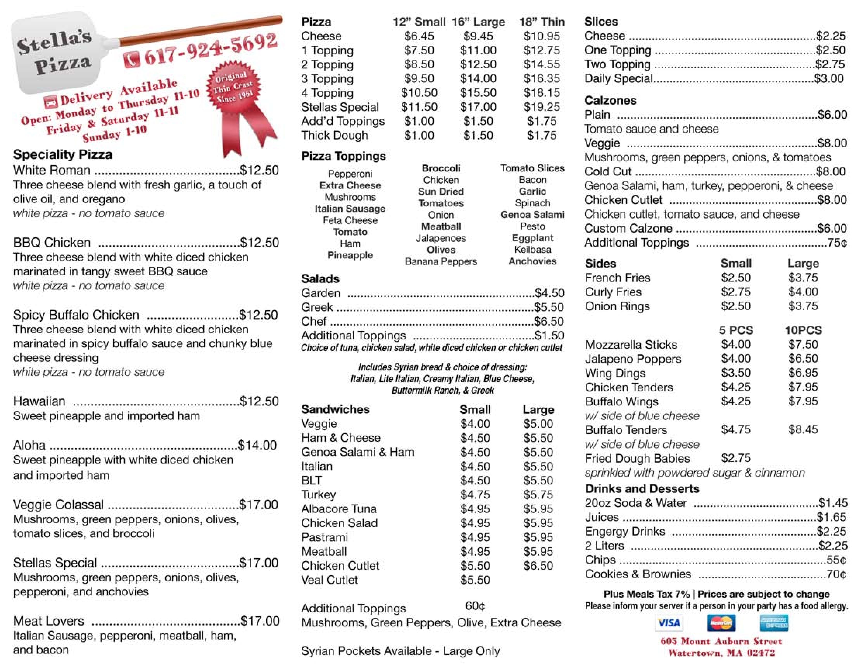 Stella's Pizza menu, Menu restauracji Stella's Pizza, Little Armenia ...