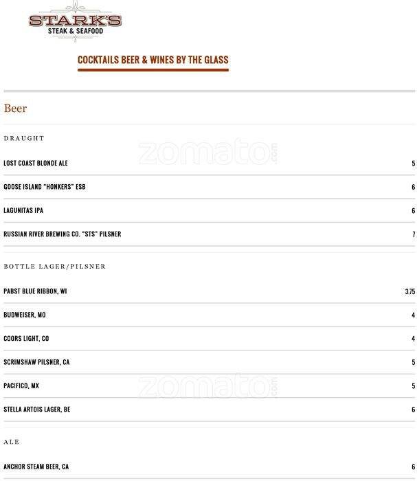 Menu at Stark's Steak & Seafood restaurant, Santa Rosa