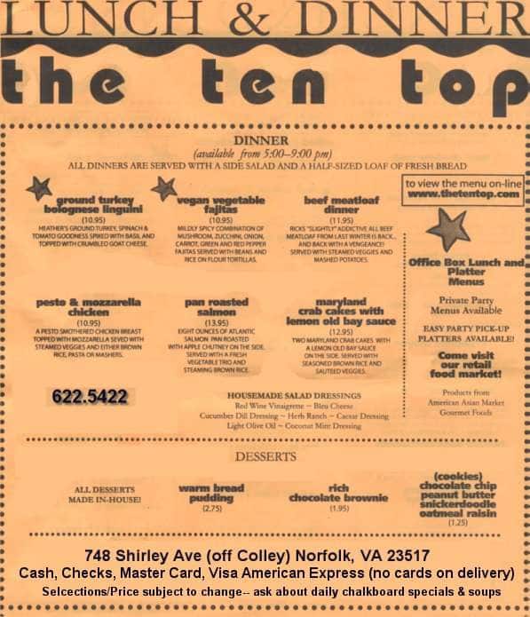 Menu at The Ten Top restaurant, Norfolk