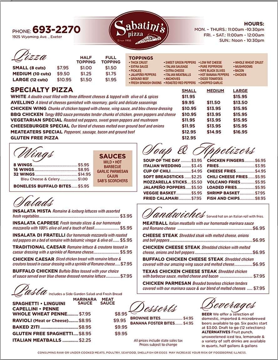 Menu at Sabatini's Pizza pizzeria, Exeter