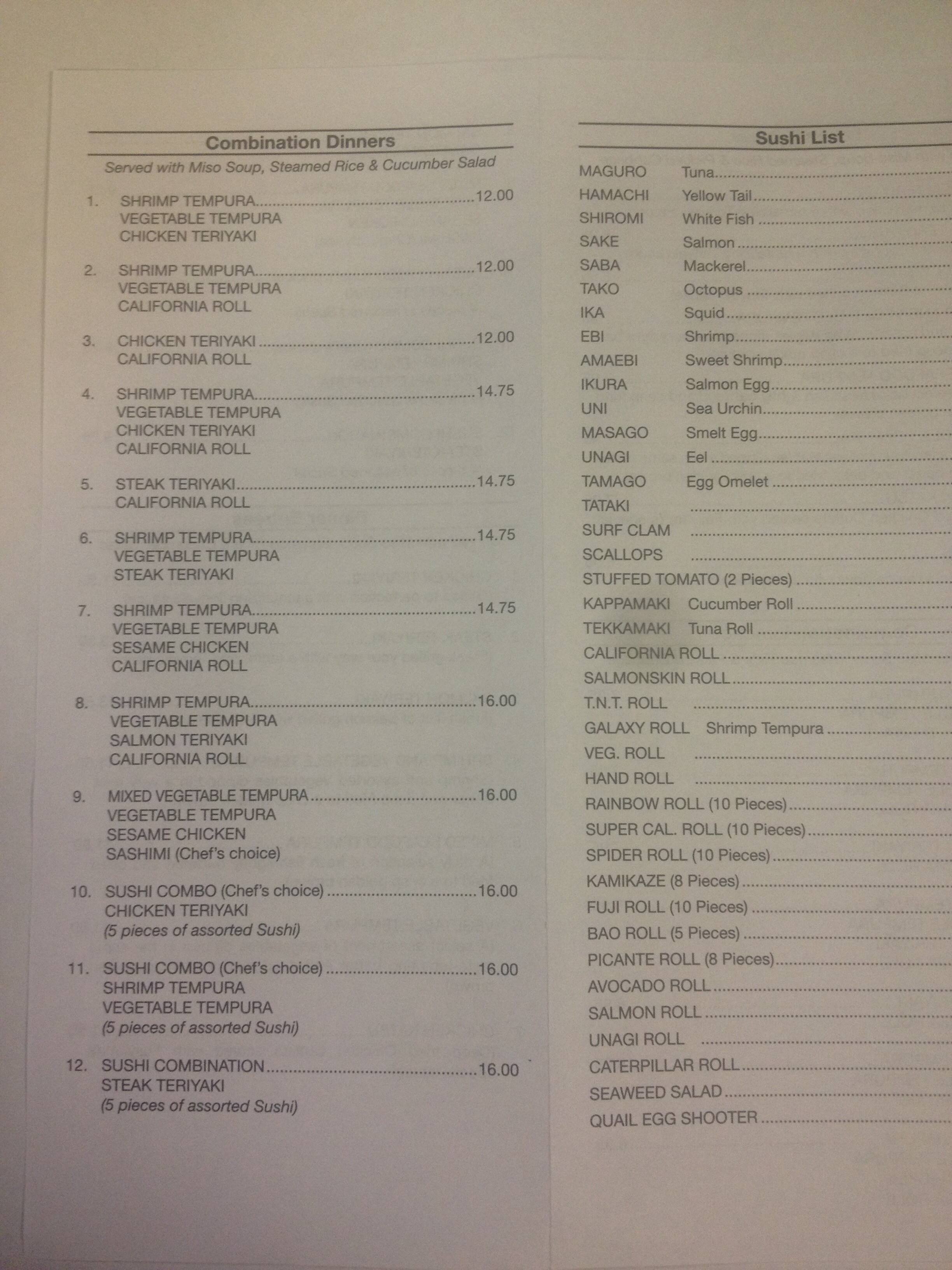 Menu at Fujiyama Japanese Restaurant & Sushi Bar, Prescott