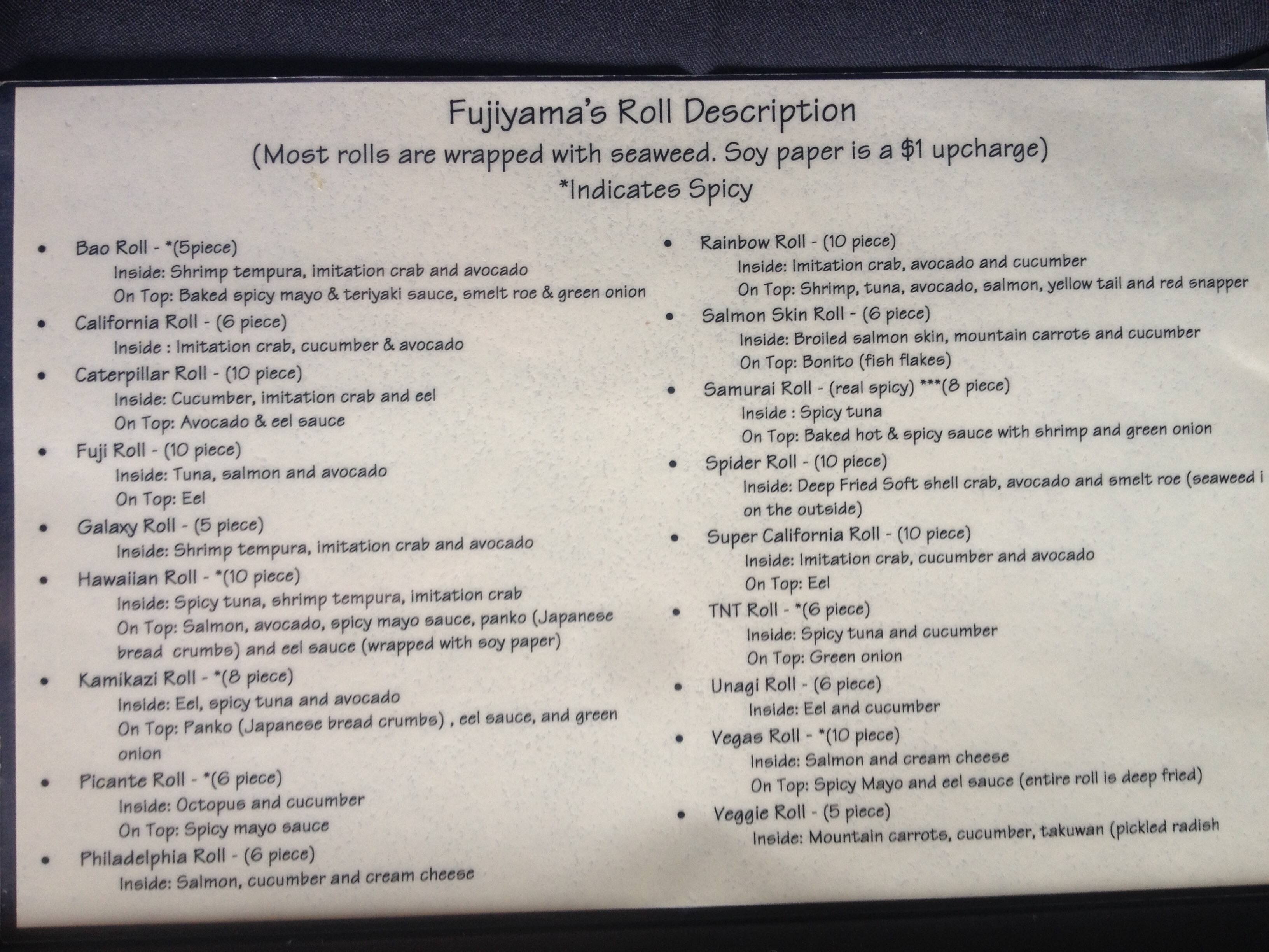 Menu at Fujiyama Japanese Restaurant & Sushi Bar, Prescott
