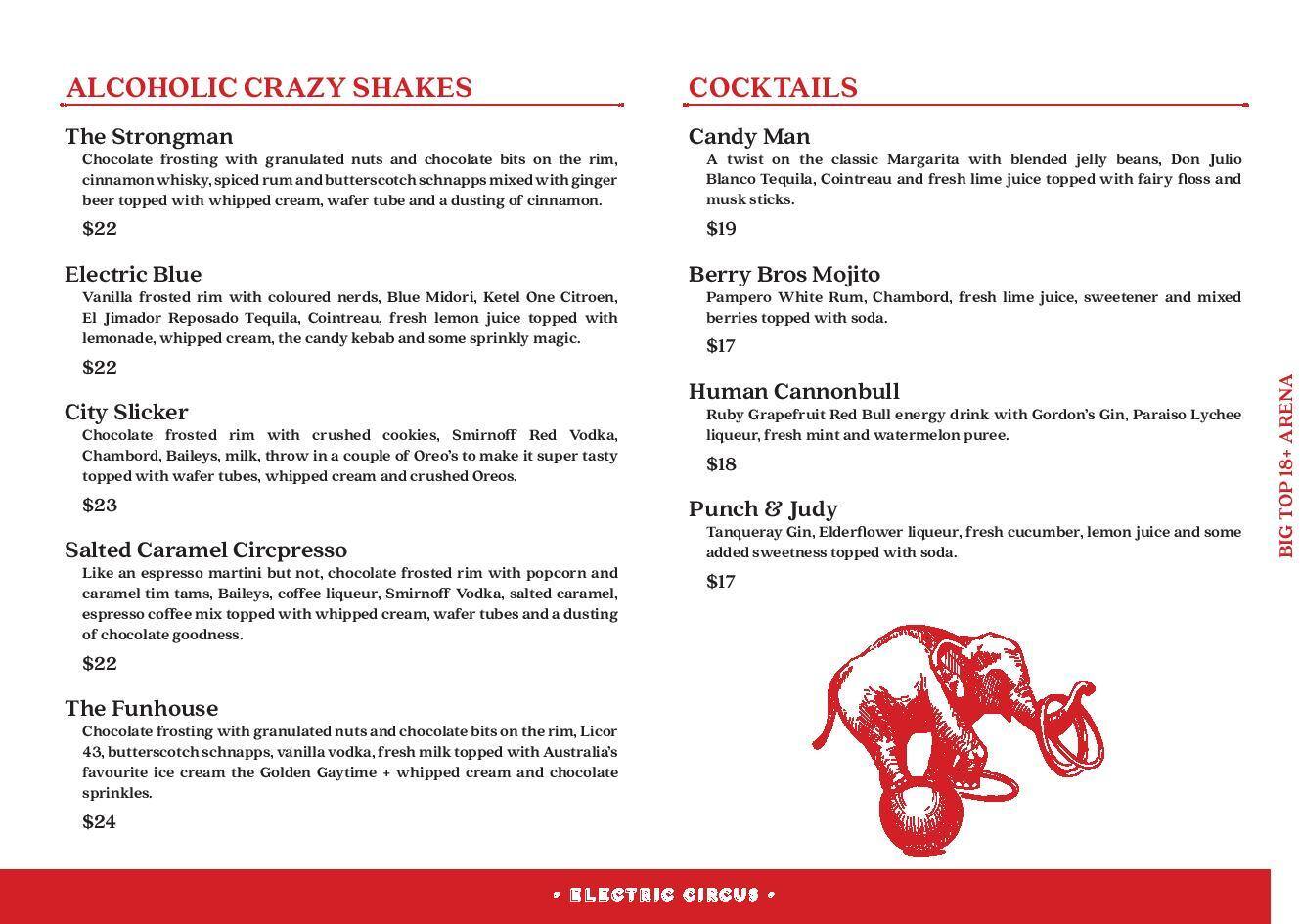 Menu at Archie Brothers Cirque Electriq pub & bar, Alexandria