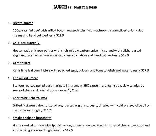 Menu at Breeze Cafe & Bar, Aldinga Beach
