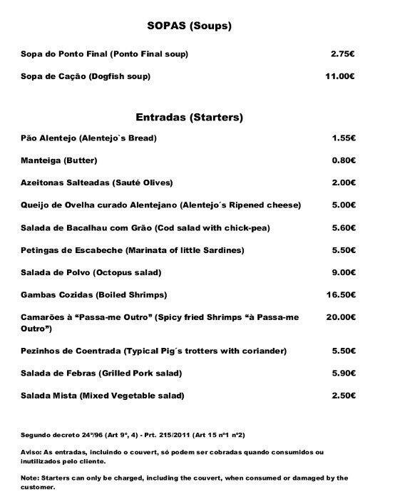 Menu at Ponto Final restaurant, Almada