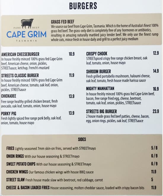 Menu at 51st Street restaurant, Brisbane City, 325 George St