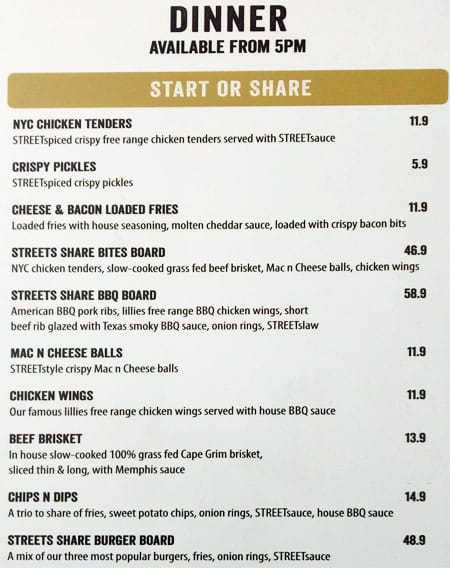 Menu at 51st Street restaurant, Brisbane City, 325 George St