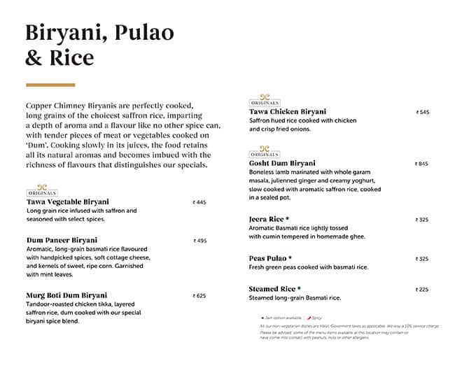 Menu at Copper Chimney, Navi Mumbai