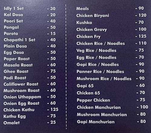 Menu of Sri Sai Yercaud Filter Coffee & Hotel, Alagapuram Pudur, Salem