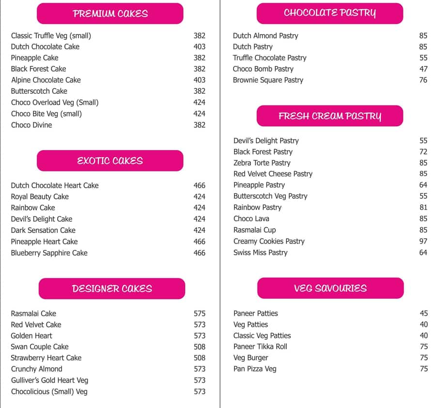 Menu of Monginis Cake Shop, Colaba, Mumbai