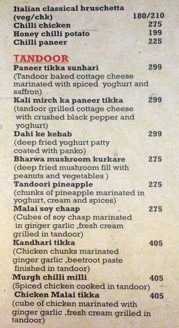 Menu at Fino, Delhi
