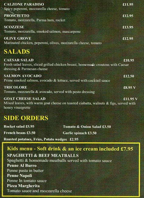 Menu at Olive Grove cafe, London, 16 Irving Street