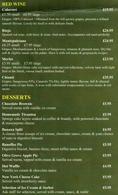 Menu at Olive Grove cafe, London, 16 Irving Street