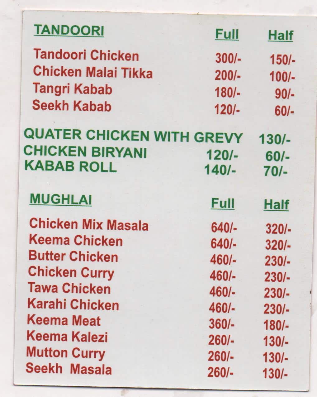 Menu at The Tandoor, New Delhi, B-210