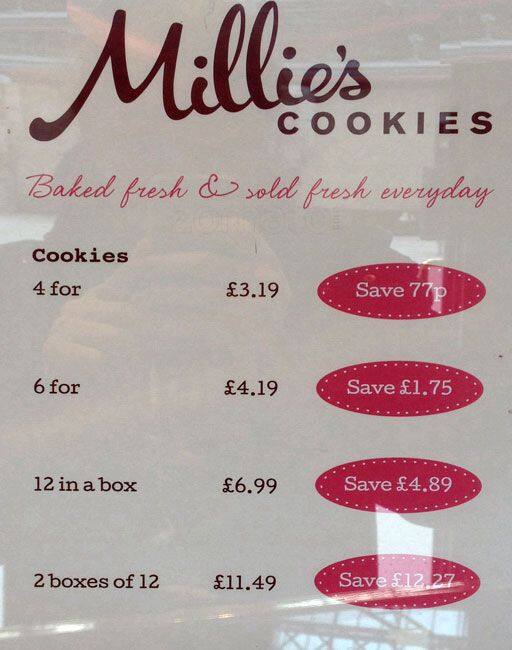 Menu at Millie's Cookies desserts, Glasgow, Unit 5A