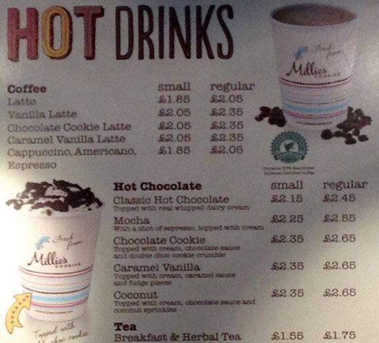 Menu at Millie's Cookies desserts, Glasgow, Unit 5A