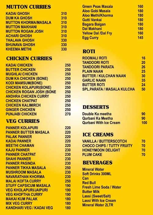 Menu at Hyderabad House, Hyderabad, Srinagar - Kanyakumari Hwy