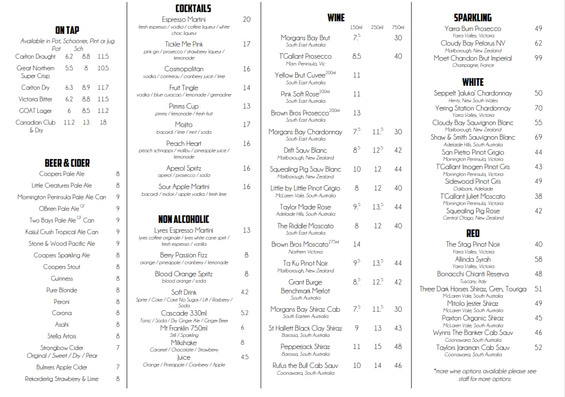 Menu at Cardinia Park Hotel restaurant, Beaconsfield