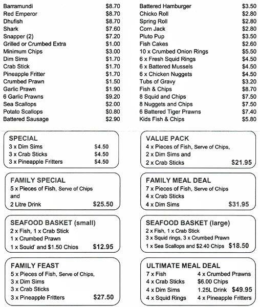 Menu at Snappers Fish & Chips fast food, Beechboro