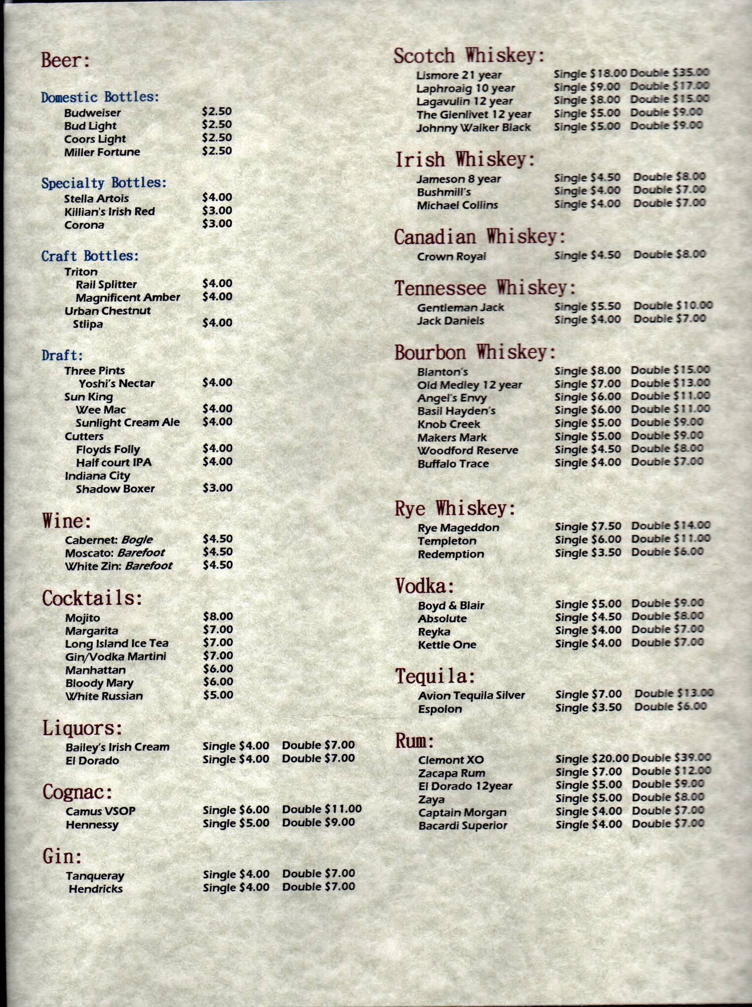 Menu at Mr. B's Cigar Bar, Indianapolis