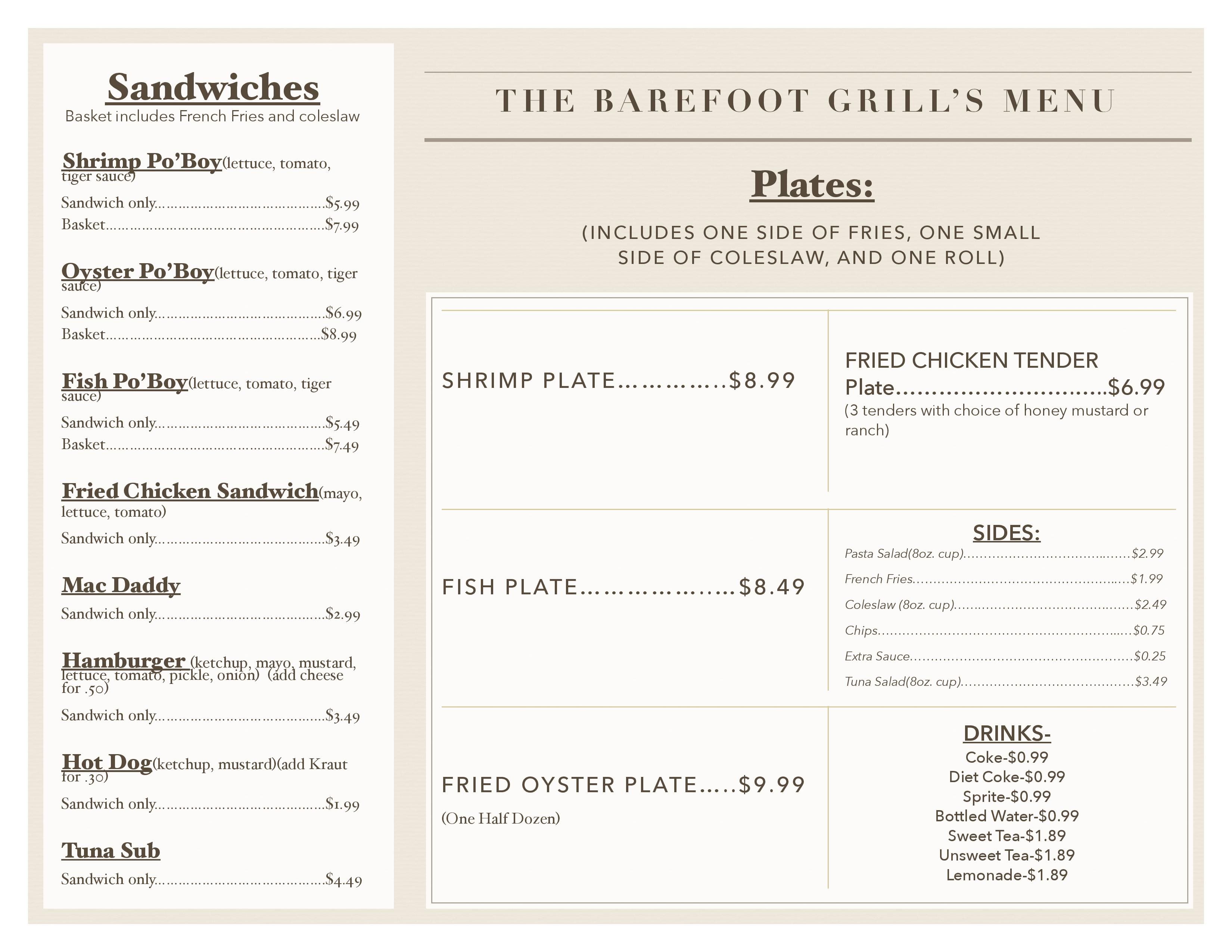 Menu at Barefoot Café, USA, Cedar Creek Rd
