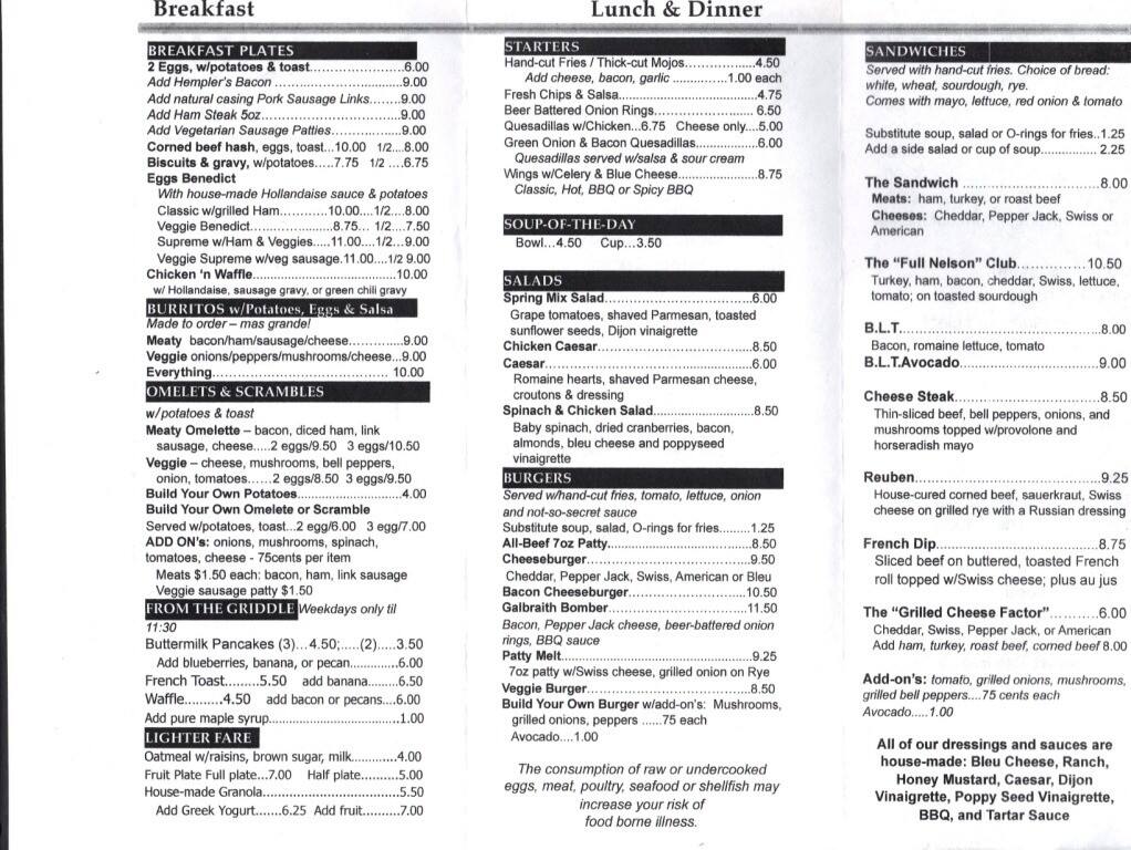 Menu at Marlins Cafe, Bellingham