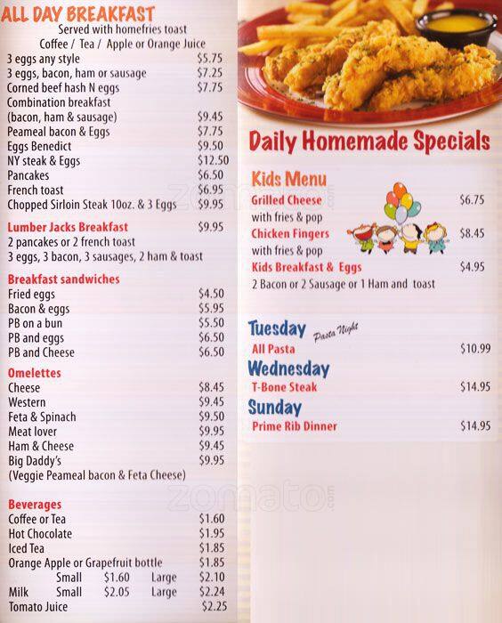 Menu at Big Daddy's restaurant, Richmond Hill, 460 Elgin Mills Rd E