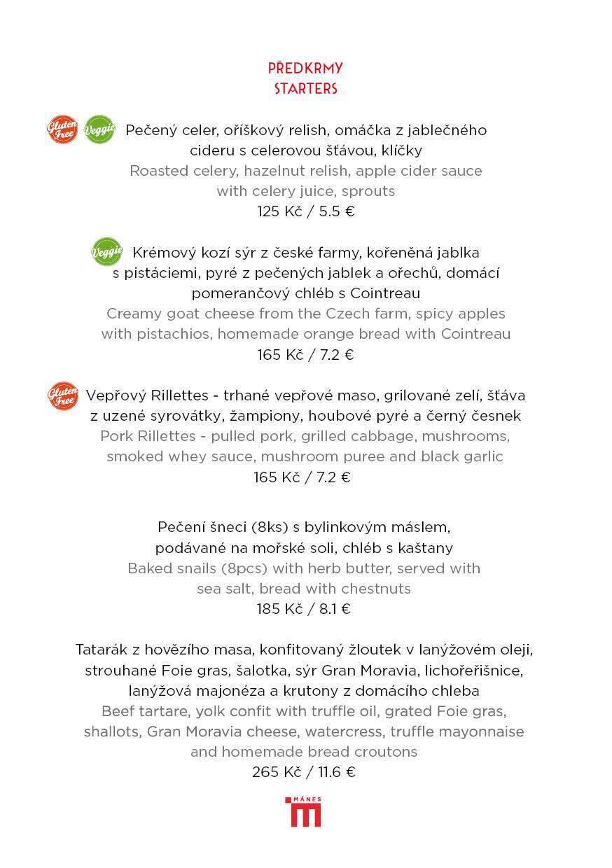 Menu at Art Restaurant Mánes, Prague, Masarykovo nabrezi 250/1