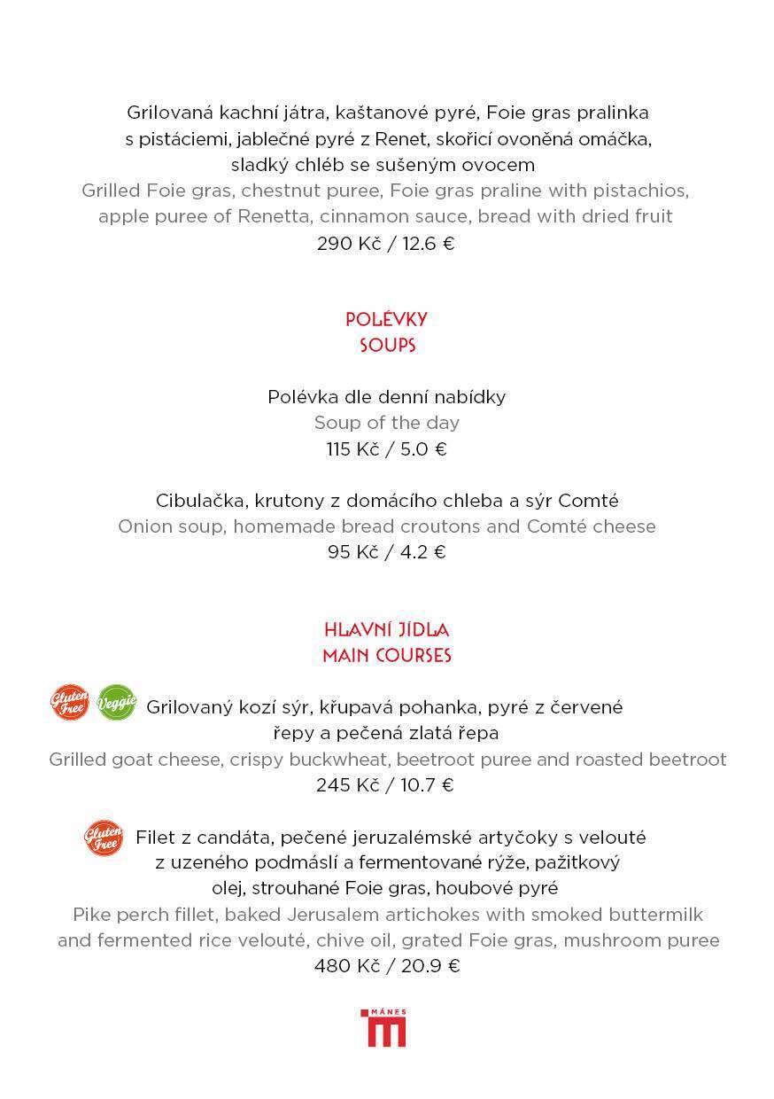 Menu at Art Restaurant Mánes, Prague, Masarykovo nabrezi 250/1