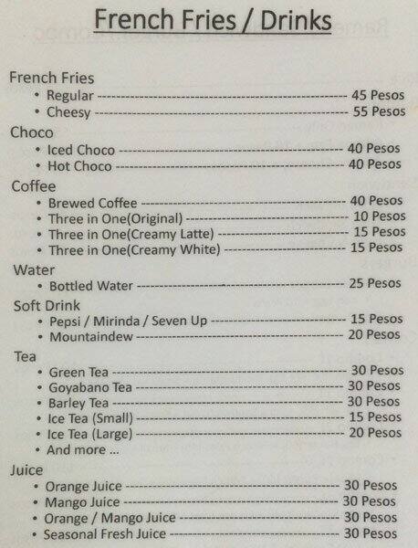 Menu at Terrace cafeteria, Cebu City