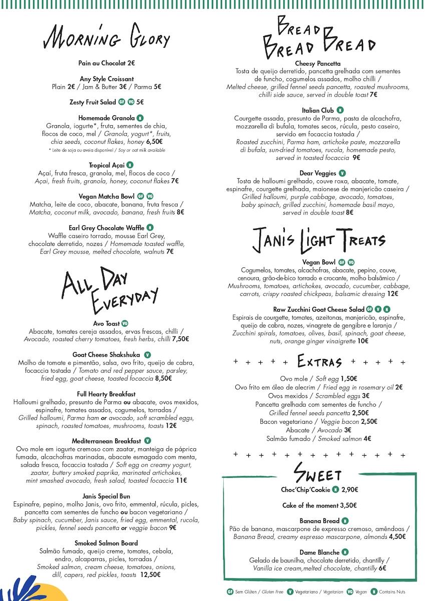 Menu at Café Janis, Lisbon