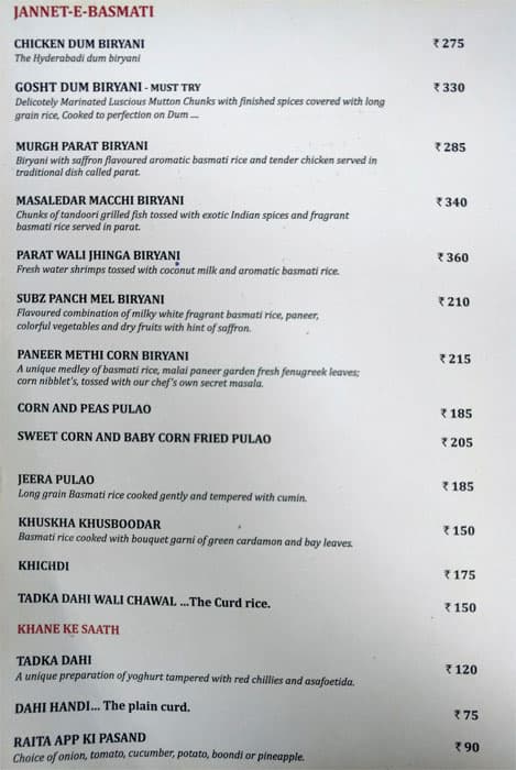 Menu at Khaan Saab, Vijayawada