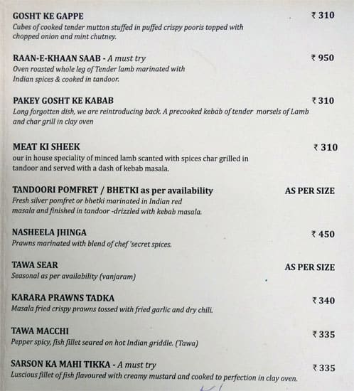 Menu at Khaan Saab, Vijayawada