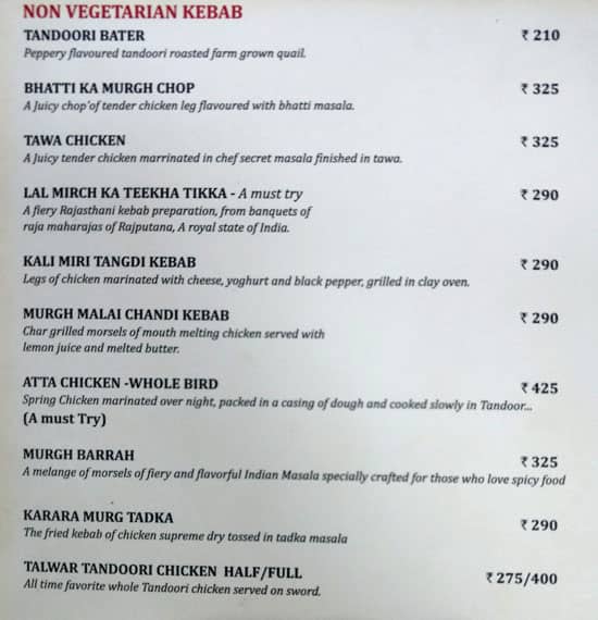 Menu at Khaan Saab, Vijayawada