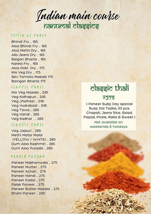 Menu at Nanuji - by Nanumal Bhojraj, Navi Mumbai, The Landmark Chs Ltd